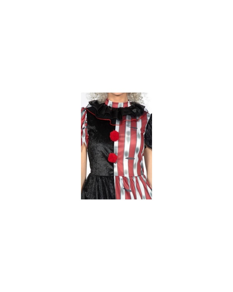 Robe de clown horreur noir rayé rouge et blanc garni de pompom rouge