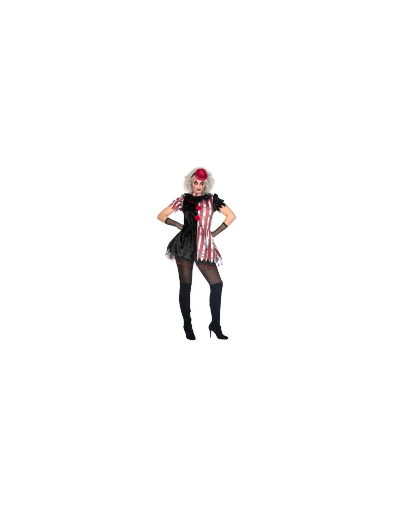 Robe de clown horreur noir rayé rouge et blanc garni de pompom rouge